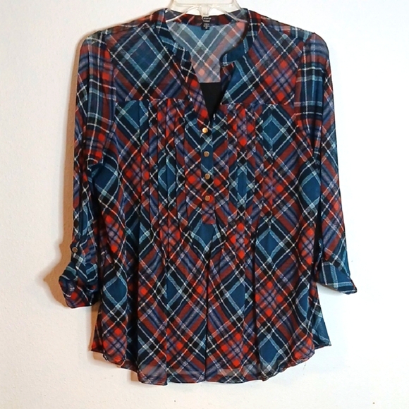 Cocomo | Tops | Cocomo Blue And Red Cuffed Sleeve Blouse | Poshmark